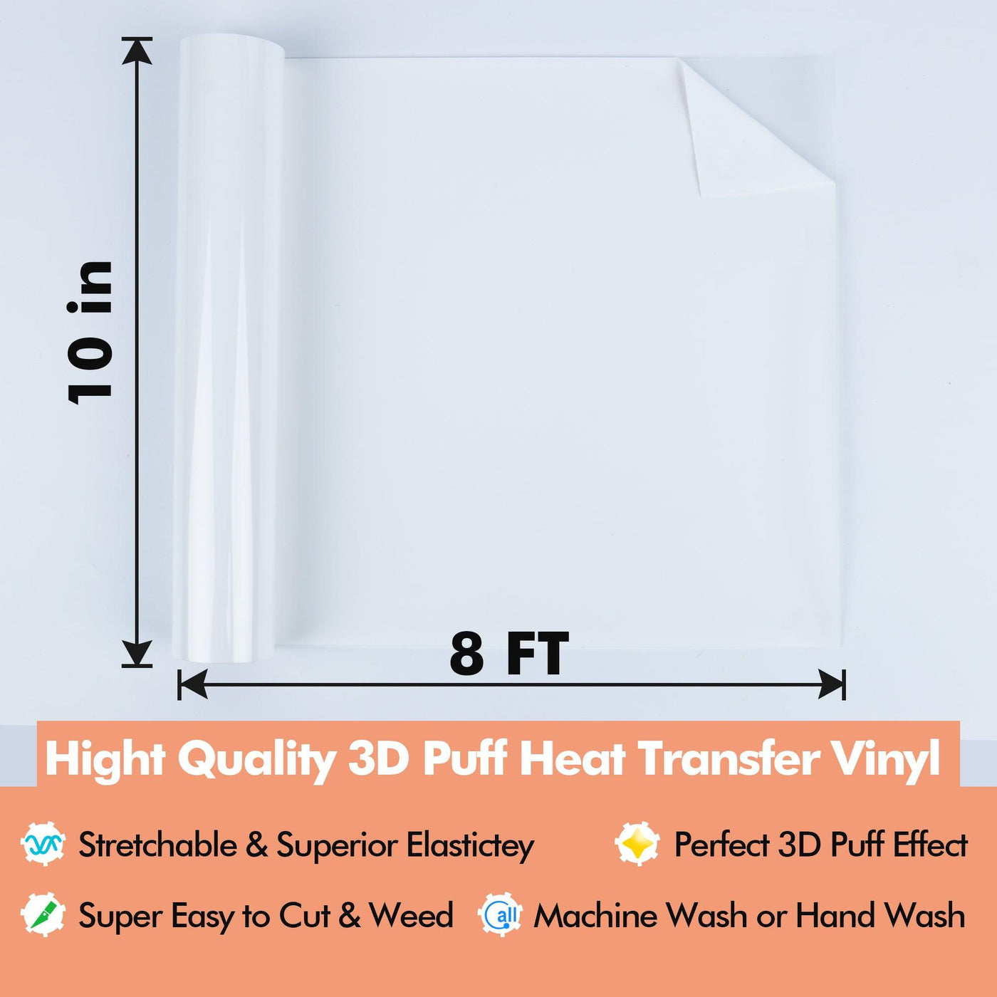 A-SUB 3D Puff Vinyl Heat Transfer - White Puff Vinyl Roll 10''x 8FT