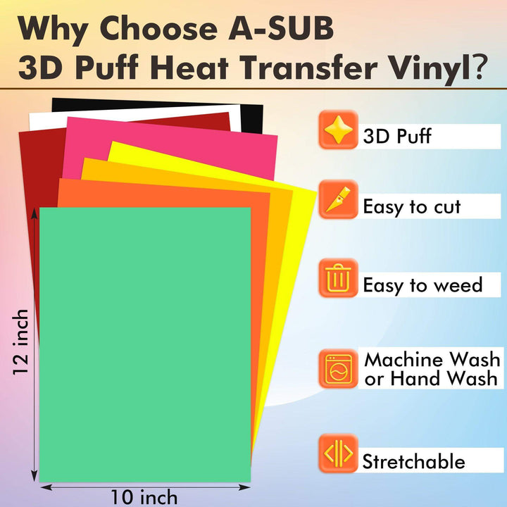 A SUB 3D Puff Heat Transfer Vinyl 8 PCS - 8 Colors Puff Vinyl Sheets 1